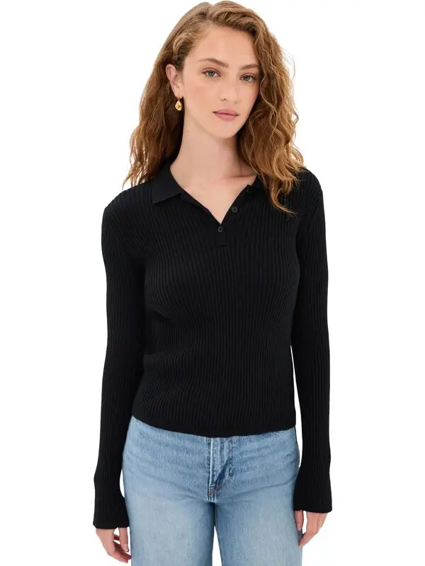 Velvet By Graham & Spencer Frances Ribbed Knit Collared Top - Black