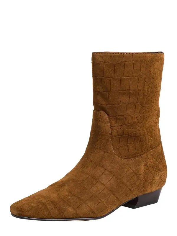 FAVORITE DAUGHTER Addison Suede Croc-embossed Booties - Saddle