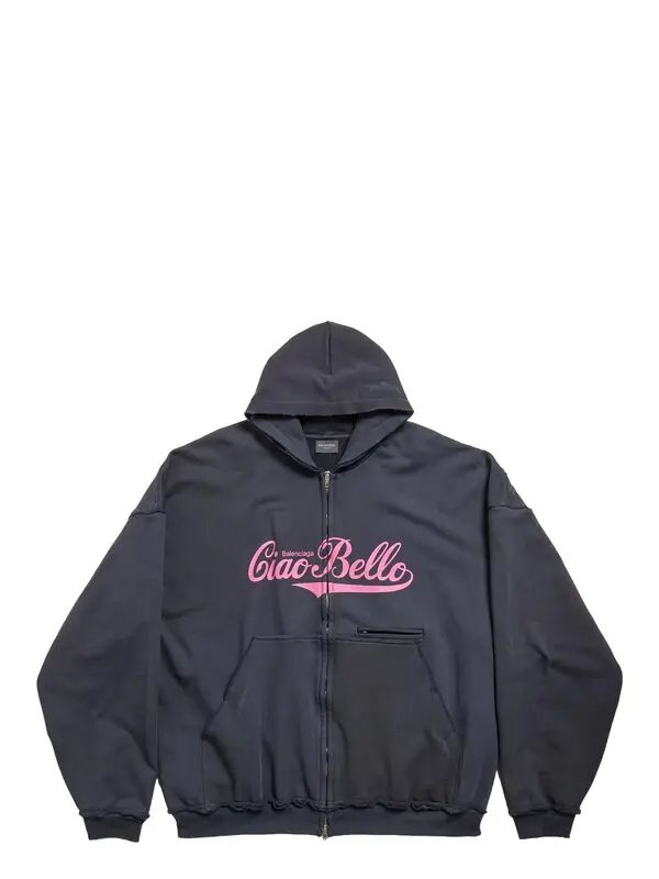 Balenciaga Logo Printed Zip-up Hoodie - Washed Black