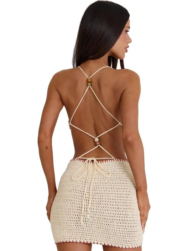 OUTCAST Islah Mini Dress In Cream Crochet With Cut-out Detail - White