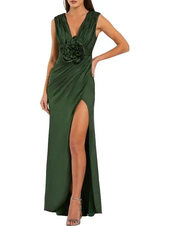 Mac Duggal Charmeuse Gown With 3d Flower Appliqué And Slit - Pear