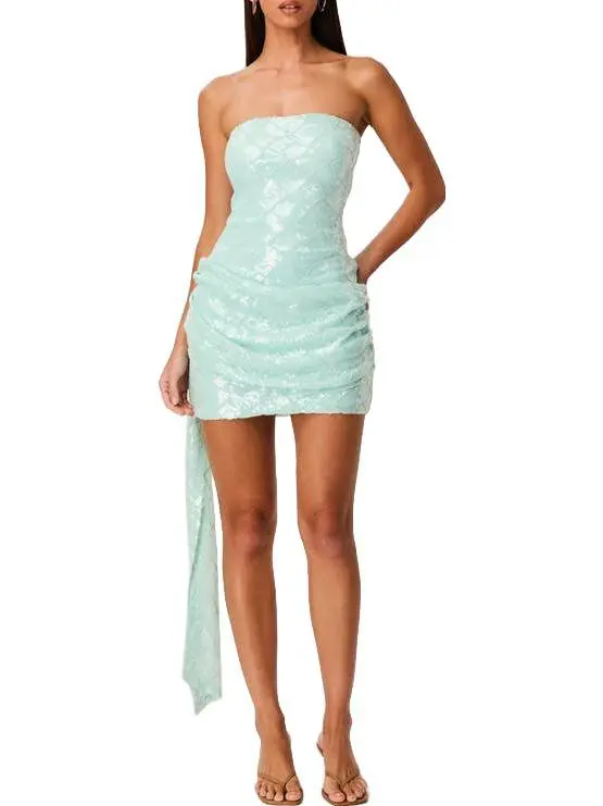 SNDYS. Zephyra Strapless Sequined Mini Dress With Draped Sash - Aqua