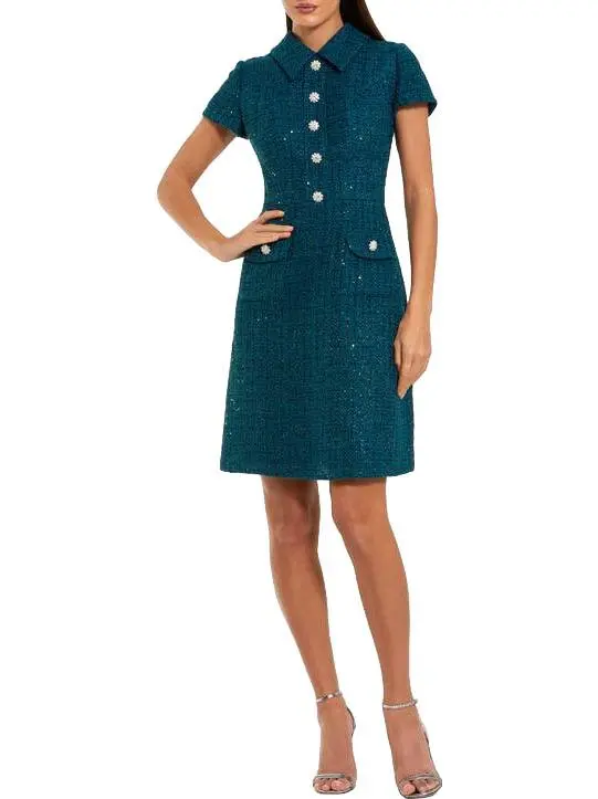 Mac Duggal Boucle Collared Mini Dress With Crystal Embellishments - Teal