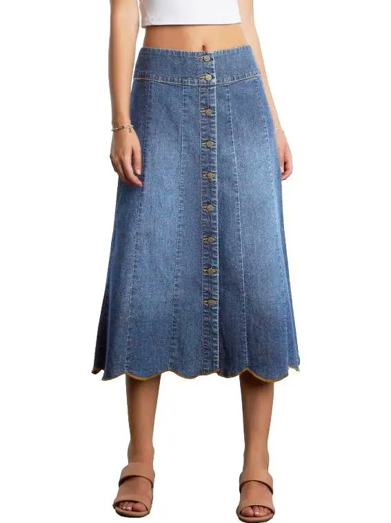 WASH LAB DENIM Scalloped Hem Denim Midi Skirt - Shine Blue