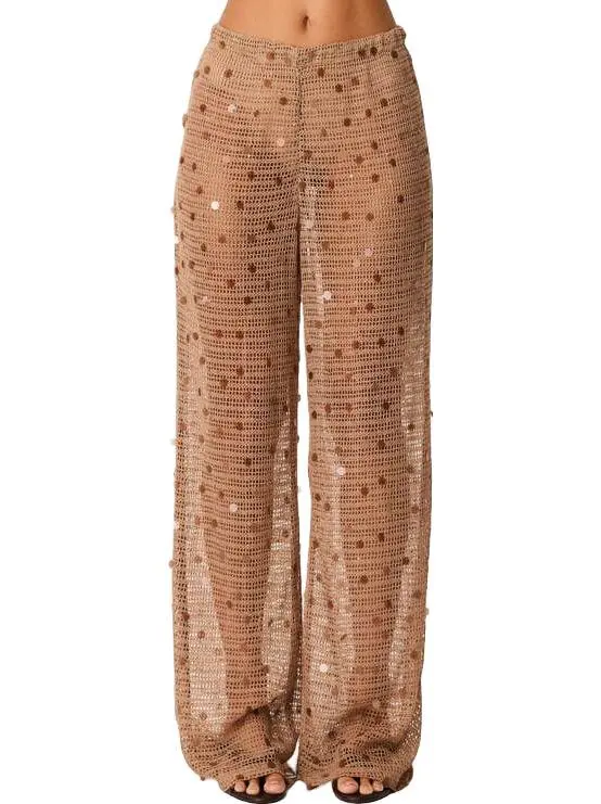 SNDYS. Sequined Crochet Wide-leg Pants - Mocha