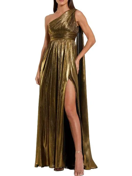 Mac Duggal One-shoulder Metallic Stretch Gown With Flowing Sash - Gold