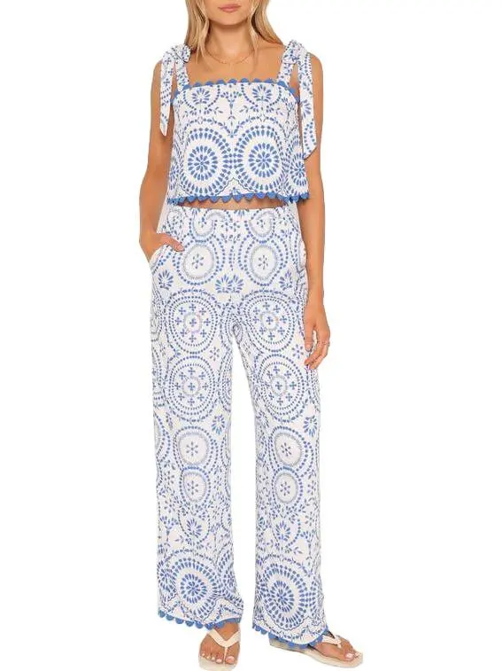PETAL & PUP Tile Print Tie-strap Top And Wide-leg Pants Set - Blue Tile