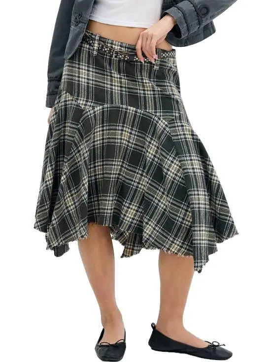 BDG URBAN OUTFITTERS Basque Check Cotton Midi Skirt - Grey Check