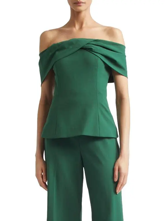 Carolina Herrera Off-the-shoulder Draped Stretch Virgin Wool Top - Racing Green