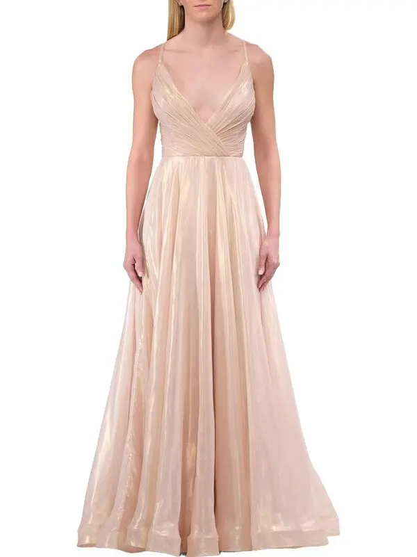 La Femme Metallic Chiffon Gown With Ruched Bodice And Slit - Light Gold