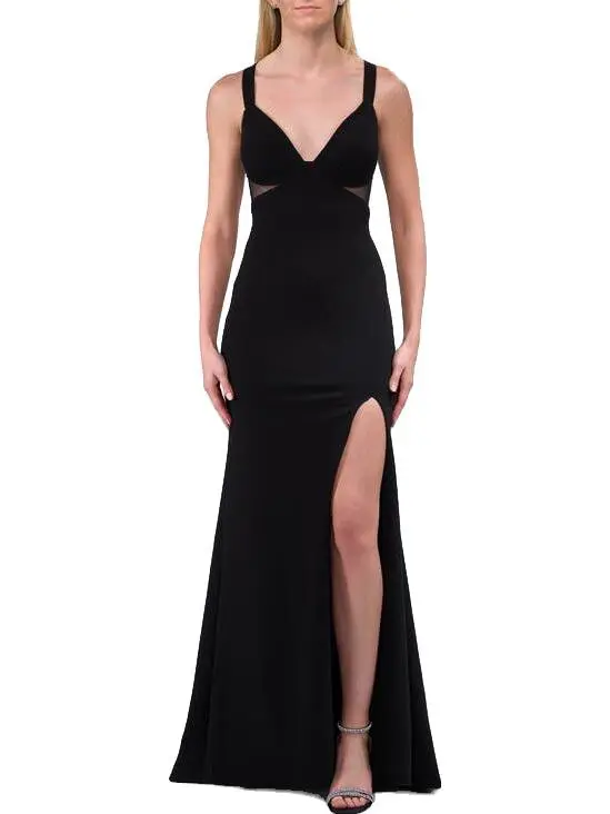 La Femme Evening Dress With Illusion Mesh Sides And Thigh-high Slit - Black