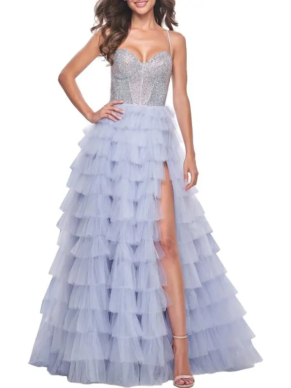 La Femme Rhinestone Bodice Ruffle Tulle Ballgown - Light Periwinkle