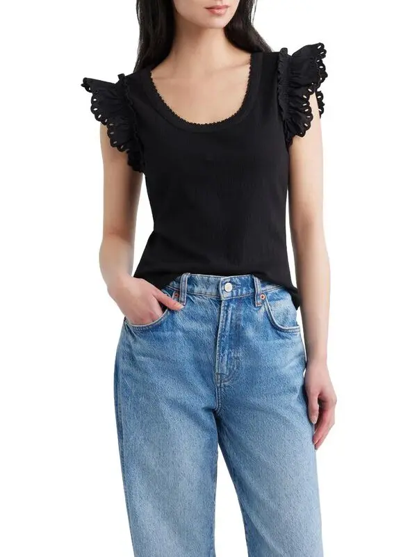 Rails Giovanna Pointelle Stitch Top With Ruffle Sleeves - Black