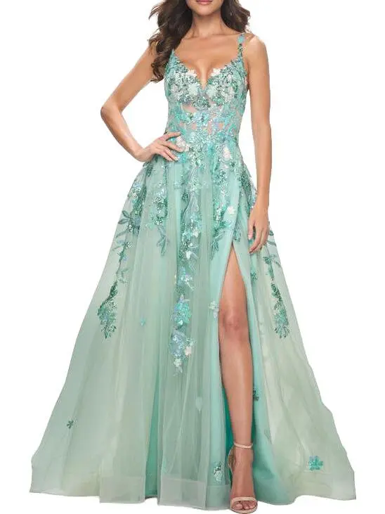 La Femme Sequin Floral Lace Applique A-line Tulle Gown - Sage