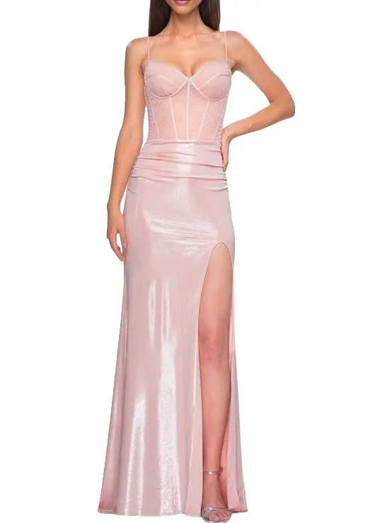 La Femme Metallic Ruched Corset Dress - Blush
