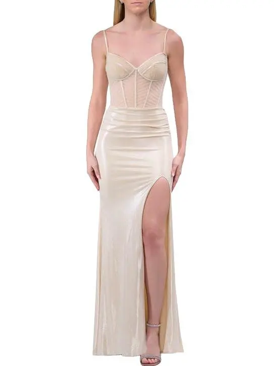 La Femme Metallic Ruched Corset Dress - Champagne