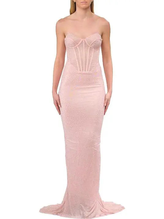 La Femme Strapless Corset Gown With Rhinestone Fabric - Blush