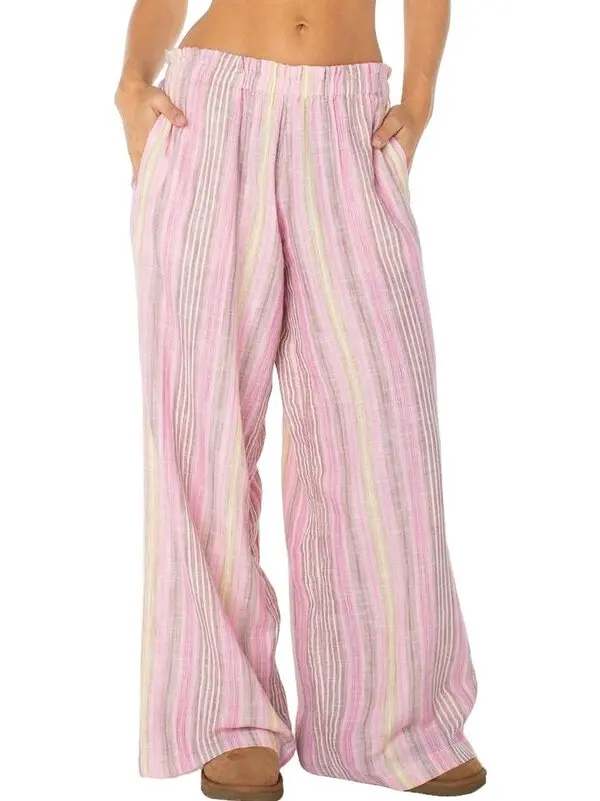 Roxy Offshore Stripe Wide Leg Cotton Pants - Fuchsia Pink