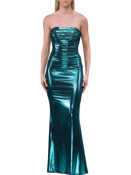 La Femme Metallic Strapless Gown - Teal