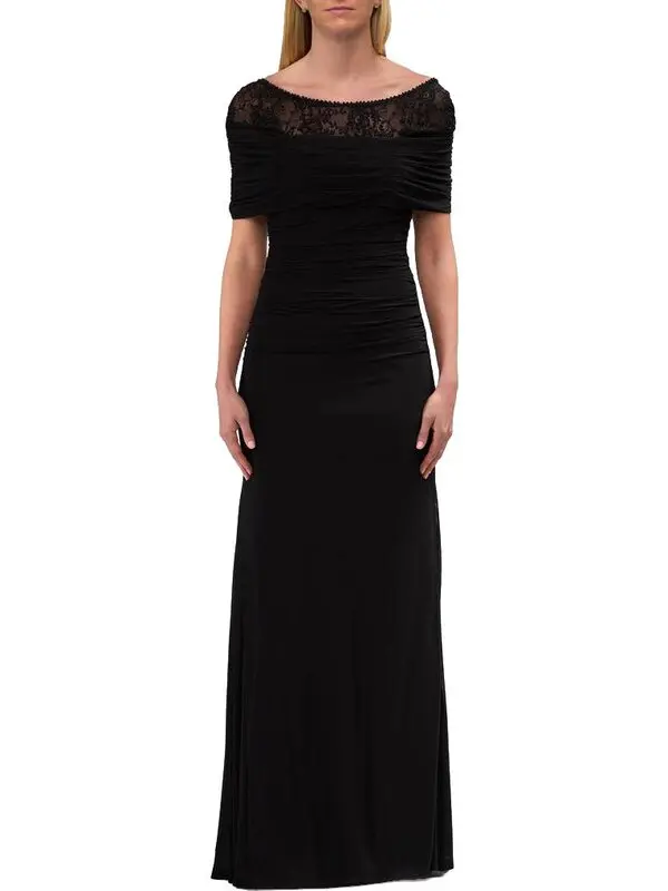 La Femme Ruched Evening Gown With Illusion Lace Neckline - Black