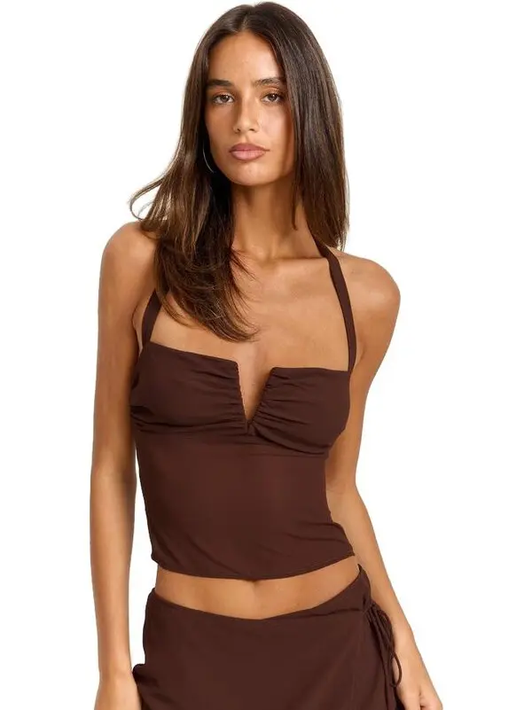 SASHA THERESE Victoria Halter Neck Gathered Bust Cropped Top - Chocolate