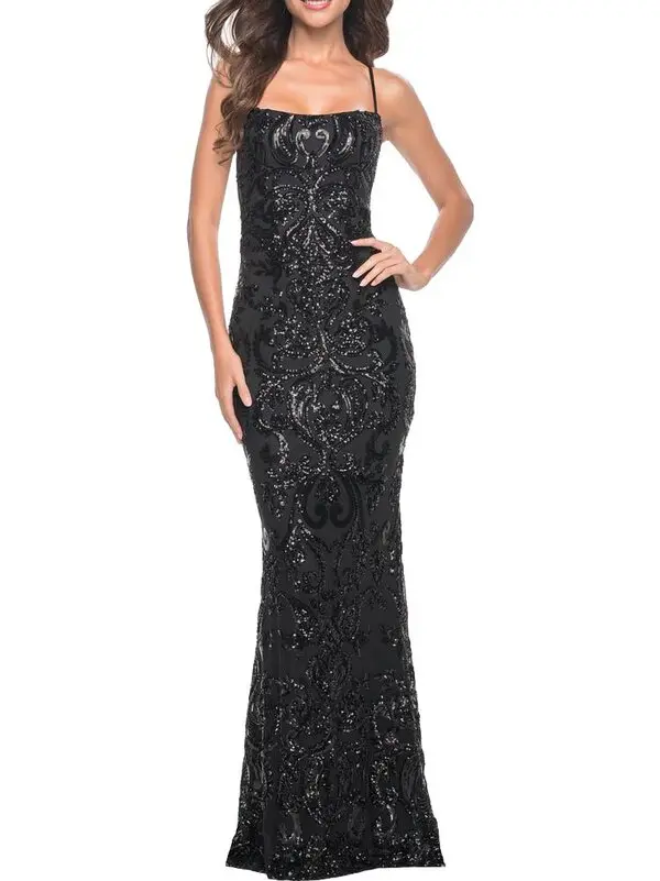 La Femme Printed Sequin Gown With Square Neckline And Strappy Back - Black