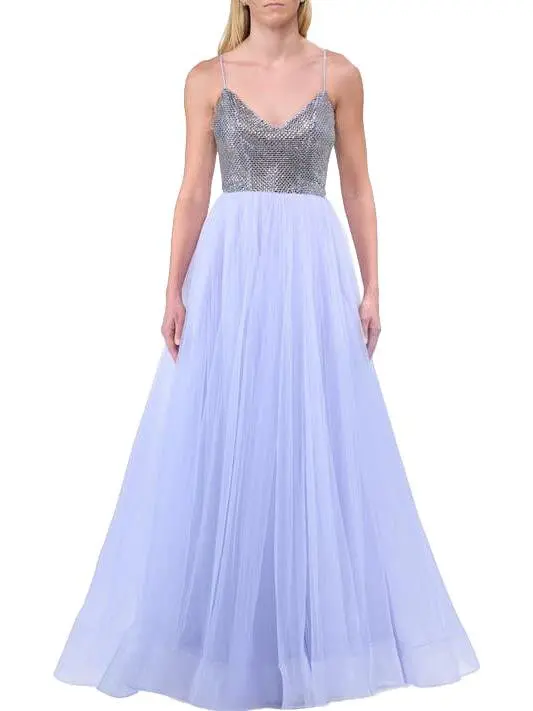 La Femme A-line Tulle Gown With Rhinestone Bodice And Thigh-high Slit - Light Periwinkle