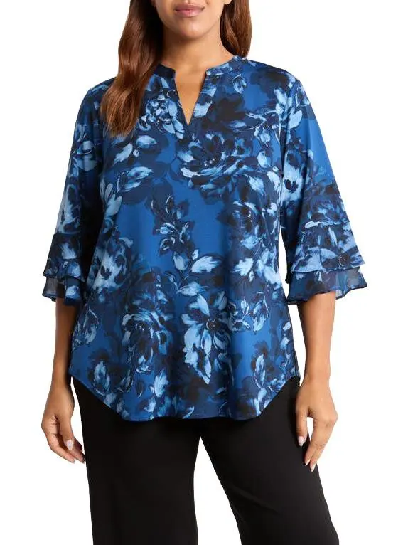 KASPER Floral Print Ruffle Sleeve Top - Blue Night Multi