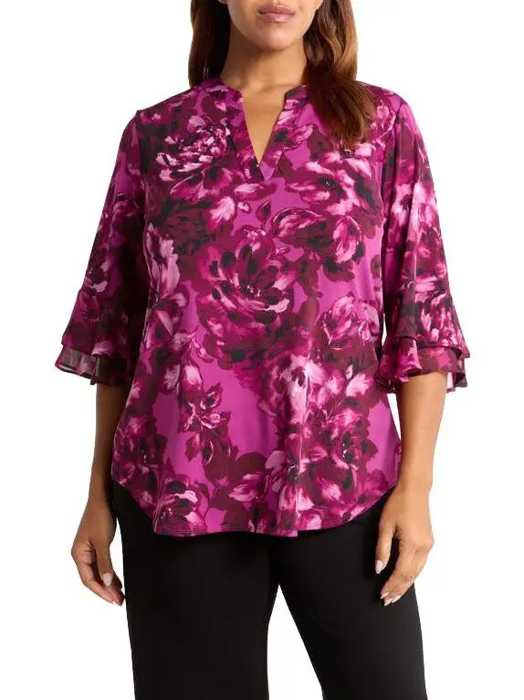 KASPER Floral Print Ruffle Sleeve Top - Cerise Multi