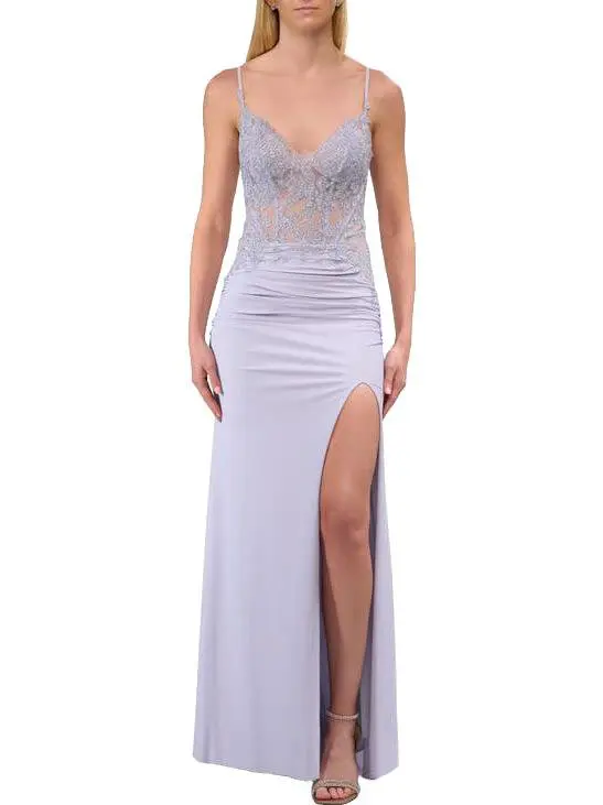 La Femme Jersey Prom Dress With Illusion Sides And V-neckline - Light Periwinkle