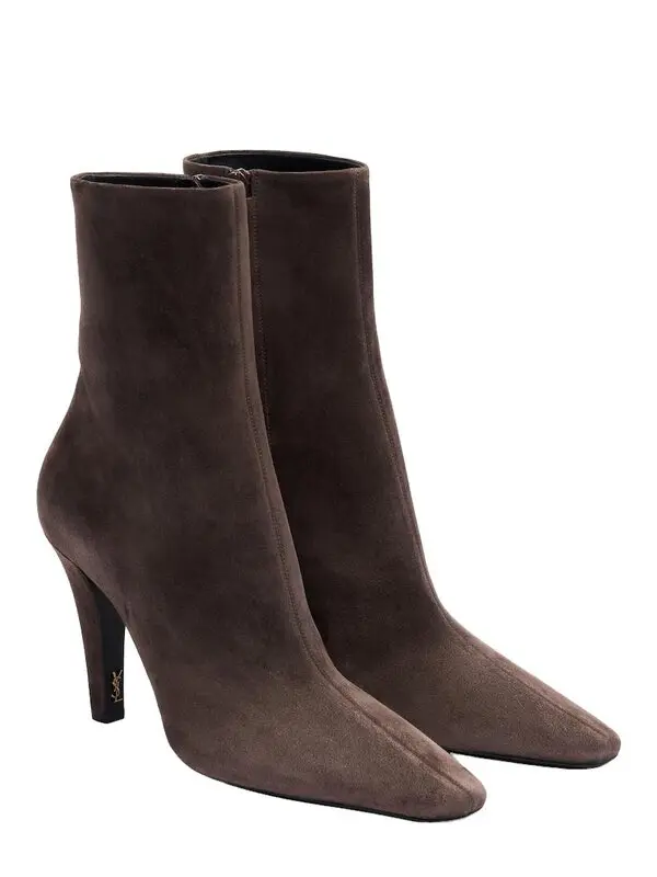 Saint Laurent Jill Suede Pointed Toe Ankle Boots - Brown
