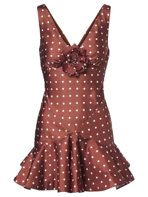 RODARTE Floral-appliqué Polka-dot Silk Twill Mini Dress - Brown