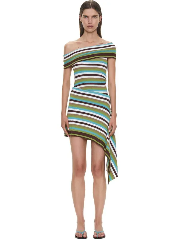 Christopher Esber Off-shoulder Stripe Knit Extension Drape Mini Dress - Vert Stripe