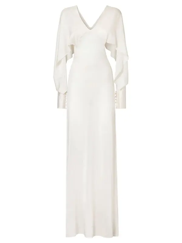 Fendi Long Silk Dress With Cape Sleeves And V-neck - White