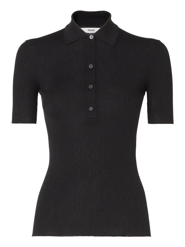 Fendi Ribbed Wool Polo Shirt With Embroidered Logo And Contrast Stitching - Black