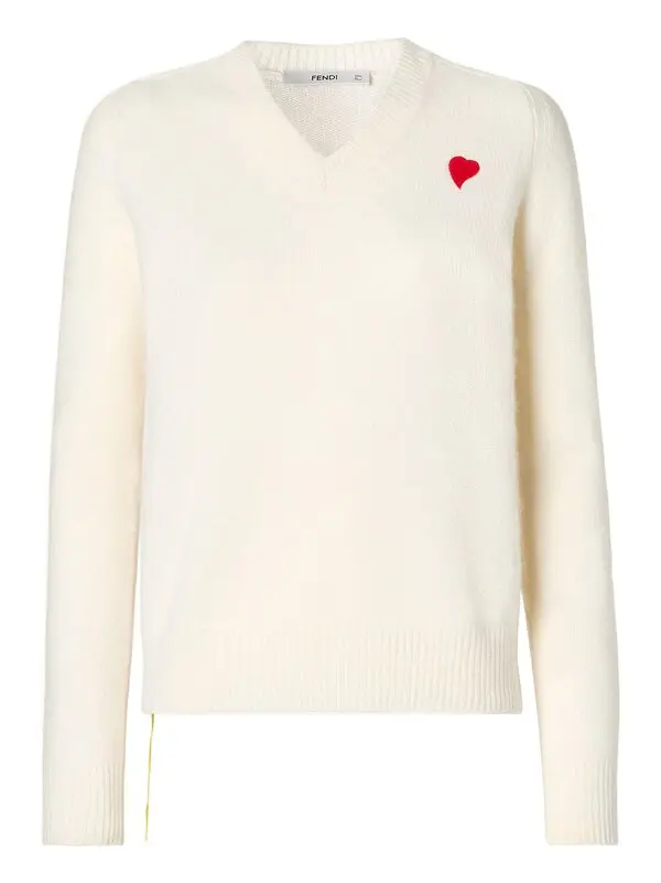 Fendi Ivory Cashmere V-neck Jumper With Embroidered Heart - White