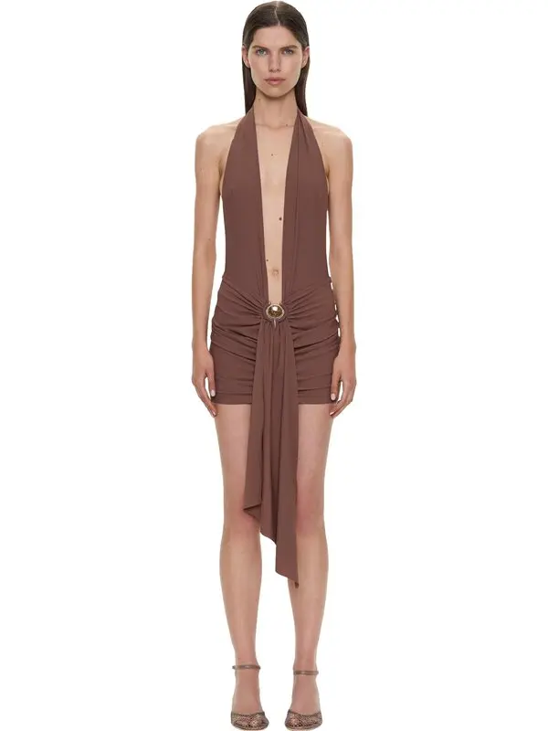 Christopher Esber Pierced Orbit Halter Drape Mini Dress - Husk Brown