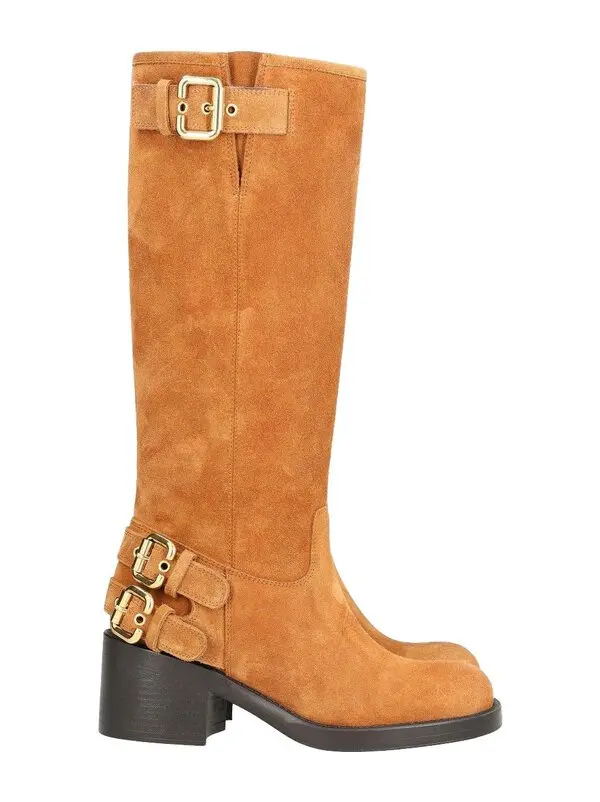 Chloé Dakota Suede Biker Boots With Gold Buckle Detailing - Brown