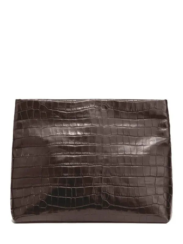 NILI LOTAN Jerry Clutch In Embossed Croc Leather - Chocolate Brown