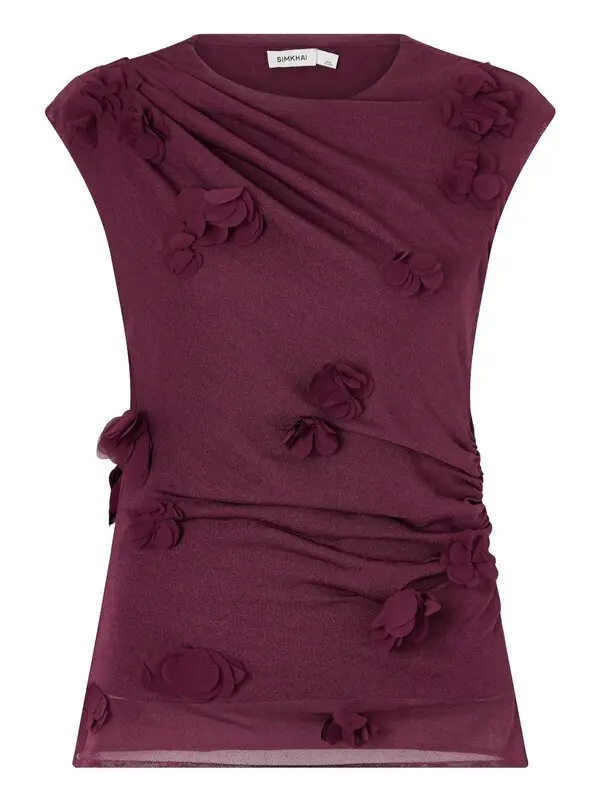 Simkhai Tessa Appliquéd Tulle Blouse - Burgundy