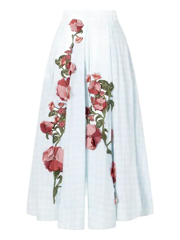 Agua Bendita Delta Floral-appliqué Checked Linen Maxi Skirt - Blue
