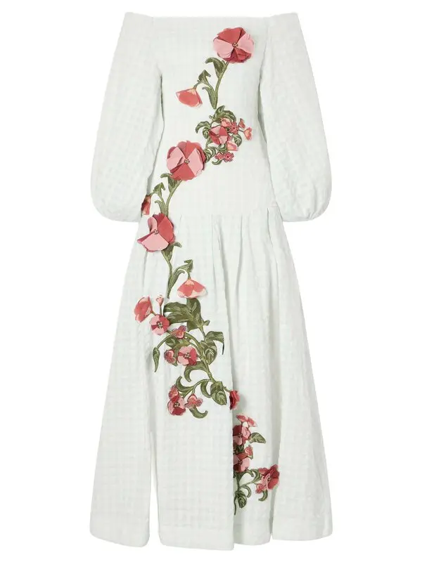 Agua Bendita Senlis Off-the-shoulder Floral-appliqué Checked Linen Maxi Dress - Blue