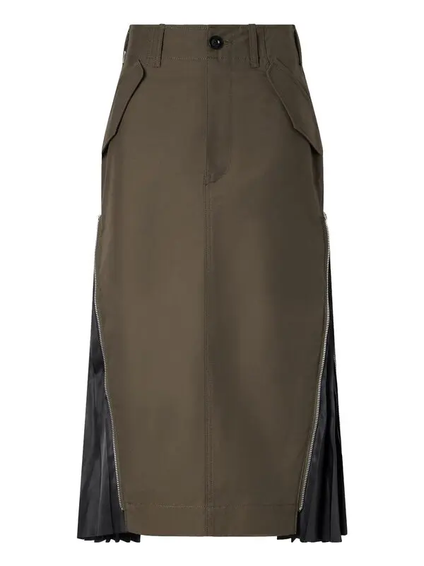 Sacai Weather Cotton-twill Midi Skirt With Pleated Insert - Green