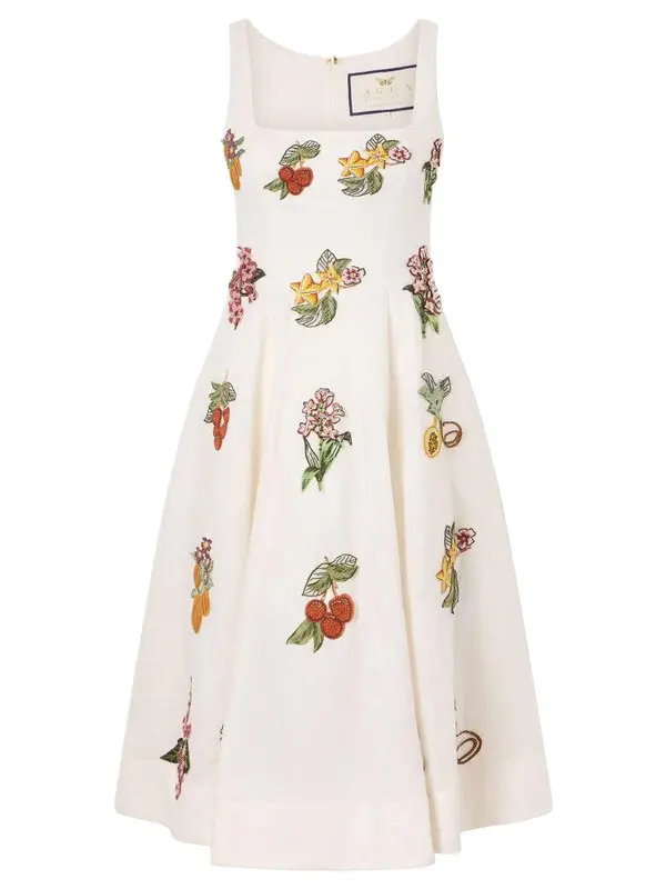 Agua Bendita Frontera Embellished Linen Midi Dress - Cream