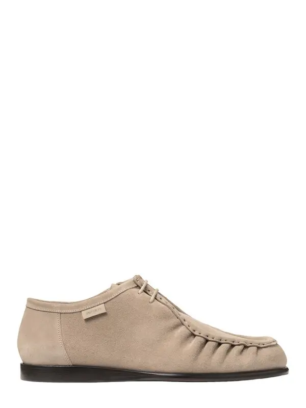 JIMMY CHOO Ember Moccasin Velvet Suede Lace Up Flat - Stone