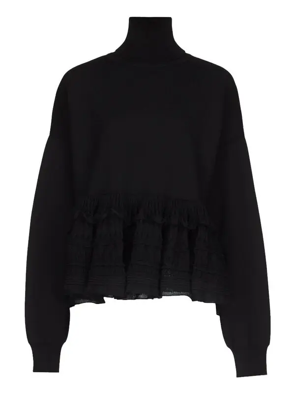 ALAÃA Alaïa High Neck Lace Trimmed Peplum Sweater - Black