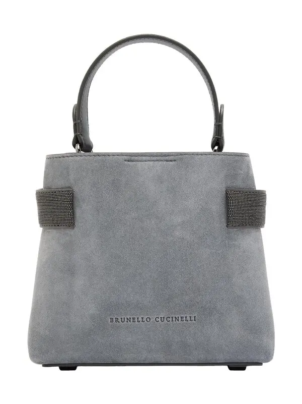 Brunello Cucinelli Suede Top Handle Bag With Embellished Straps - Grey