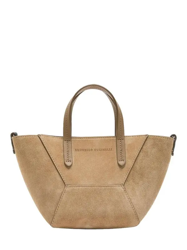 Brunello Cucinelli Mini Panelled Suede Tote With Bead Embellishments - Tan