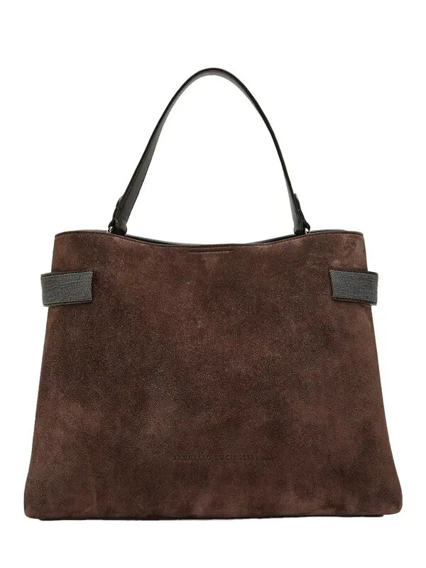 Brunello Cucinelli Suede Tote Bag With Embellished Straps - Chocolate