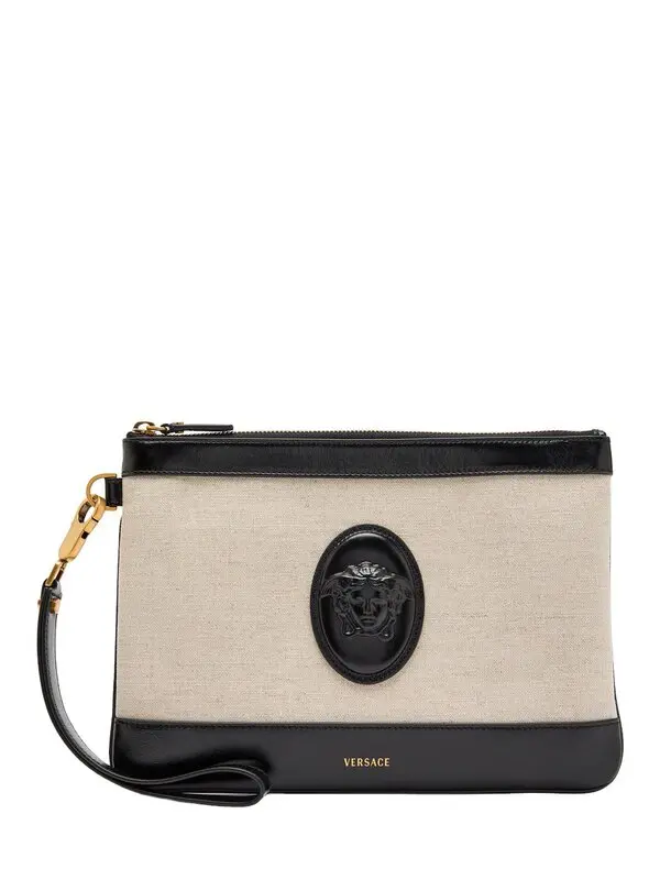 Versace Logo-appliquéd Leather And Canvas Pouch - Beige